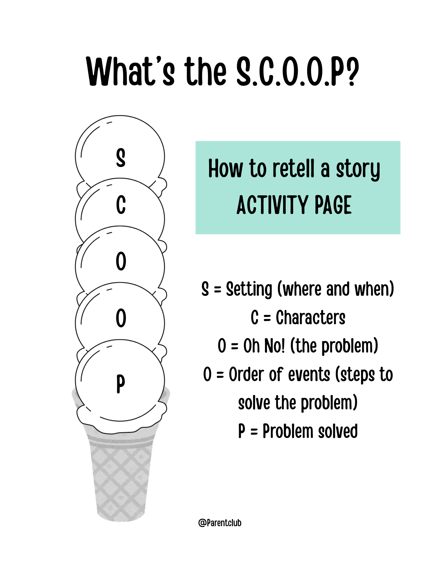 S.C.O.O.P. Activity Page for Retelling a Story for Kids